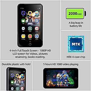 64G Mp3 Player with Bluetooth, Mp4/Story Player, Music Player, Supports FM Radio of High Volume Built-in Speaker, 4-Inch LCD Full Touch Screen, E-Book, Micro SD Card Slot Ups to 512GB (Black)