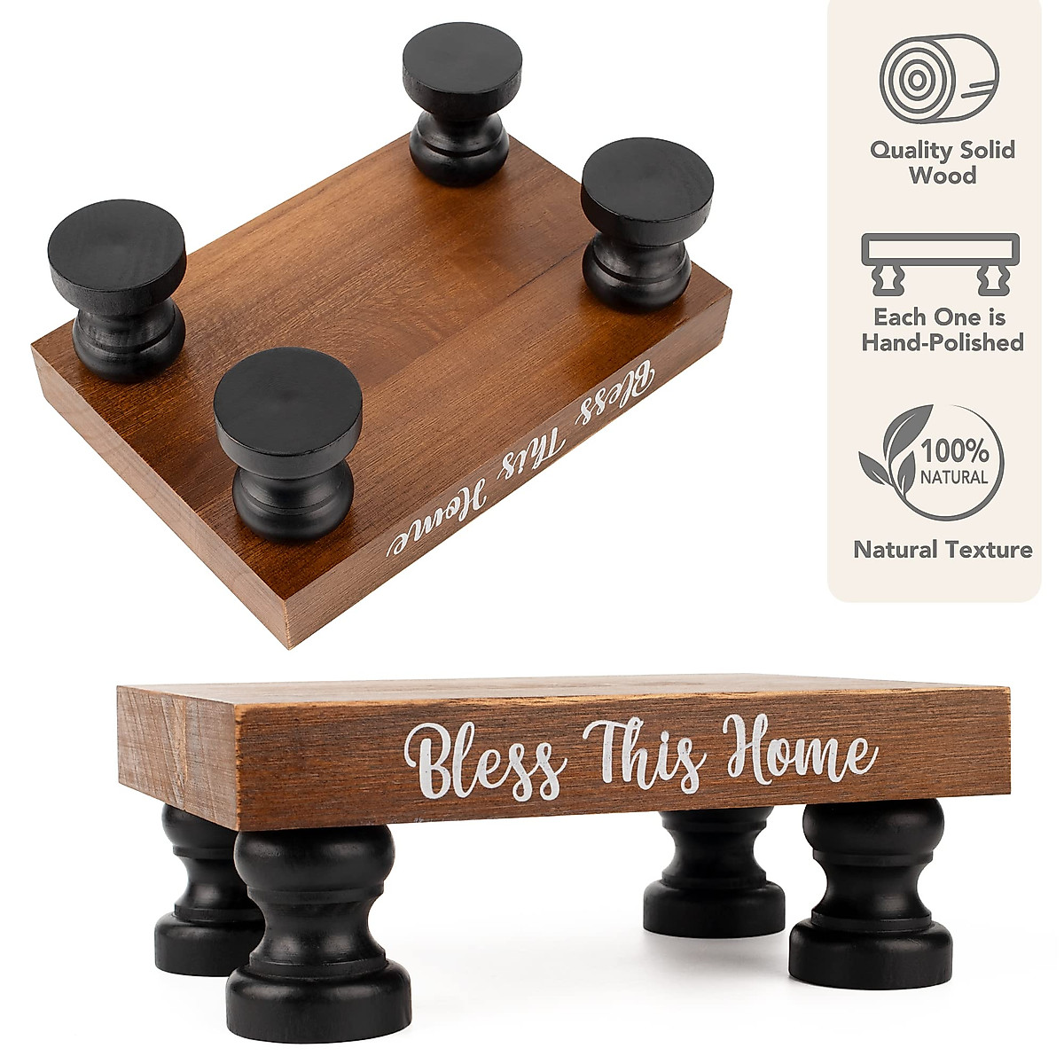 Homotte Wood Risers for Display, Wooden Square Pedestal Stand with Wooden Beads Garland, 8 Inch Small Cute Farmhouse Tray for Bathroom Decor Kitchen Sink Soap Plant Holder