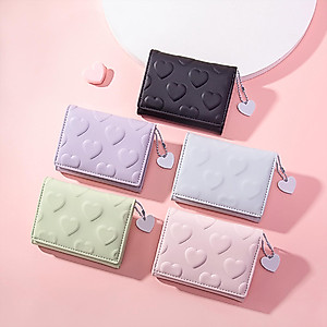 Sminra Womens Wallet Small Trifold Slim Leather Cute Wallet Cash Pocket with Heart chain Coin Purse ID Window Card Holder for Girls and Ladies (Black)