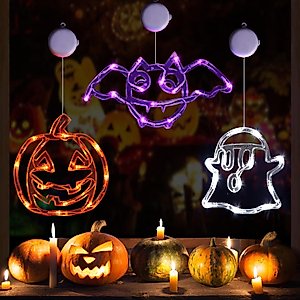 PISKEKAT Halloween Decorations, 3 Pack Orange Pumpkin, White Ghost, Purple Bat Halloween Window Lights with Suction Cup & Hooks, Battery Operated Indoor Lights for Halloween Window Decorations