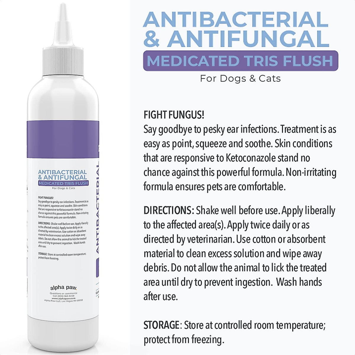 Smiling Paws Pets Medicated Tris Flush Dog Ear Cleaner Solution and Infection Treatment for Dogs and Cats Ear Flush for Dogs Ear Cleaner for Dogs & Cats - Cat & Dog Ear Wash Contains Ketoconazole 12oz