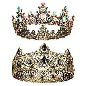 2 Pieces Baroque Crown King and Queen Crown Set for Men Women Black Rhinestone Crystal Queen Tiaras Royal Costume Crown Headwear for Prom Wedding Cosplay Homecoming Prom Christmas Party Decorations