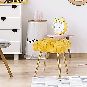 Decent Home Velvet Ottoman Footrest Stool,Tufted Fabric Upholstery Side Table Seat, Vanity Dressing Bench ,Knit Lines Chair with Metal Legs for Living Room, Bedroom (Yellow)
