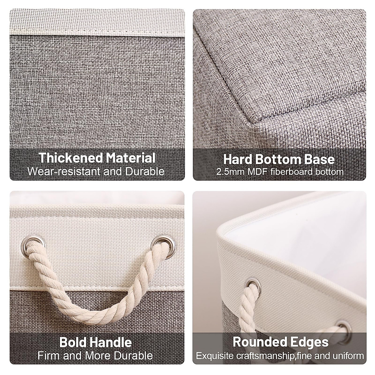 HOdo Home Fabric Storage Bin with Hard Bottom Base and 2 Bold Handles, Collapsible Large Canvas Storage Baskets for Organizing Shelf Nursery Home Closet (Grey&White, 15L×11W×9.5H - 3Pack)