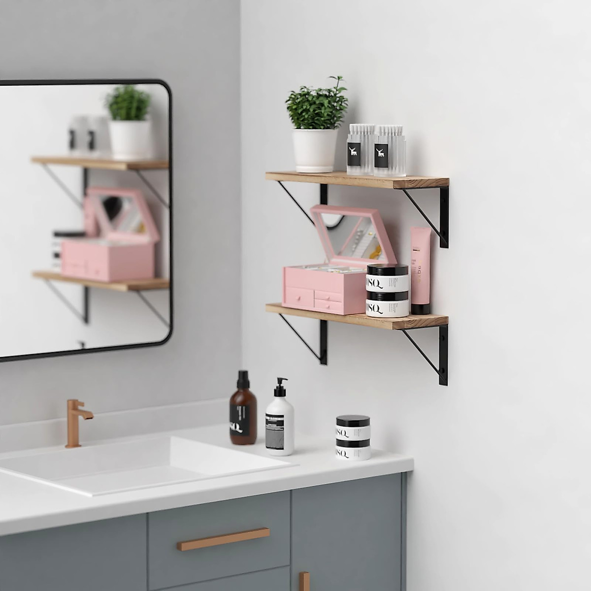 HOBBYMATE Floating Shelves, Wall Mounted Bathroom Storage Organizer Wood Shelf, Home Display Decoration Wall Shelf, Pack of 2