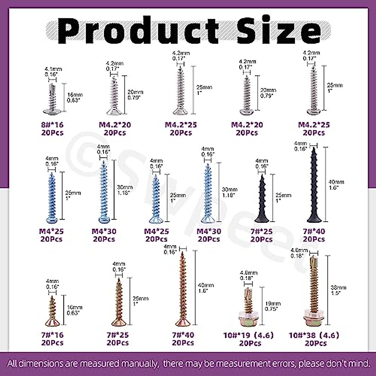 Swpeet 320Pcs 16 Mixed Self Drilling & Self Tapping Screws Wood Screws Assortment Kit, Multi-use Perfect for Wood Screws, Sheet Metal Screws, and Drywall Screws