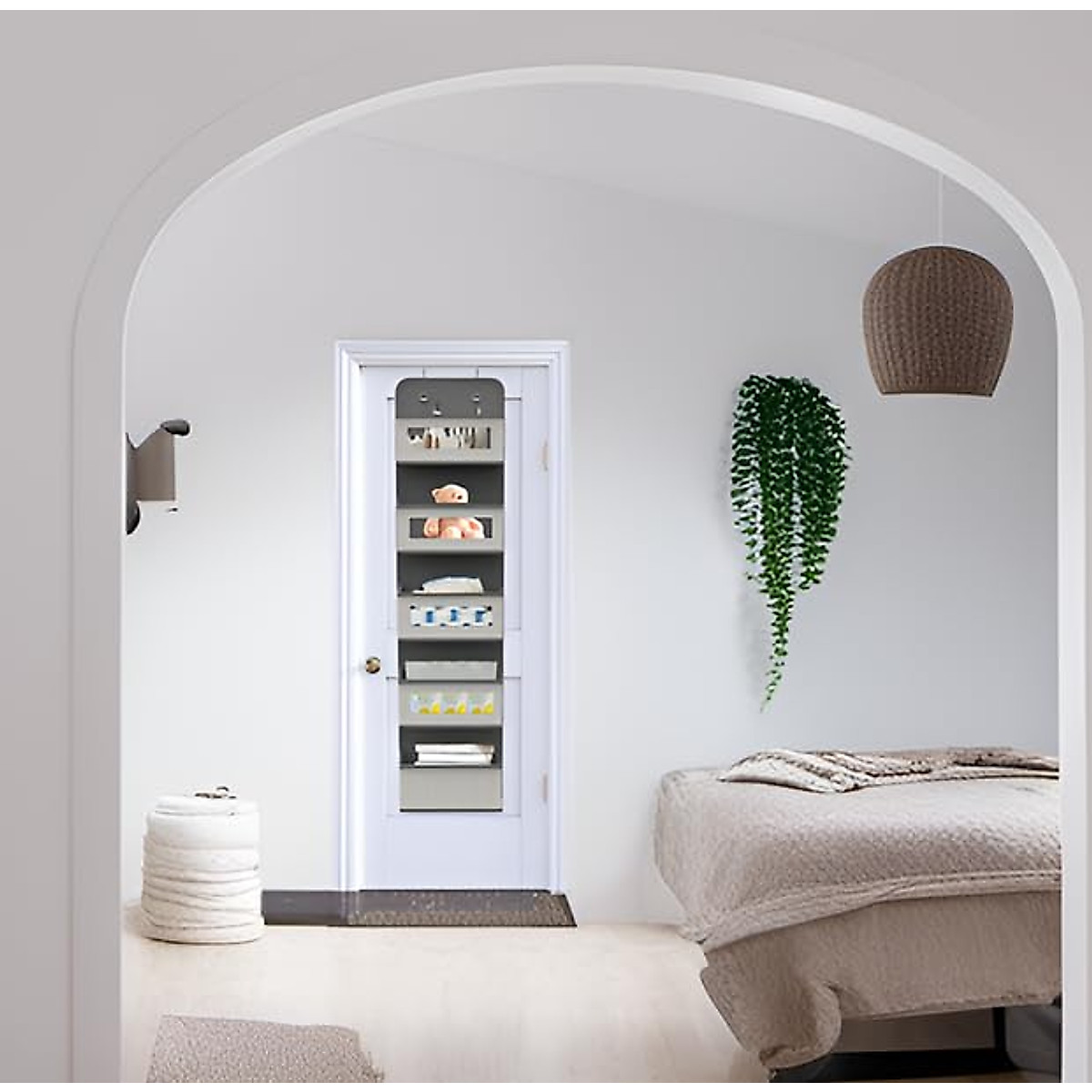 Domsanistor Over The Door Hanging Organizer with 5 Big Pockets, Wall Mount Fabric Back of Door Storage Organizer with Clear Window & Metal Hooks for Pantry Closet Diaper Dorm Nursery Bedroom