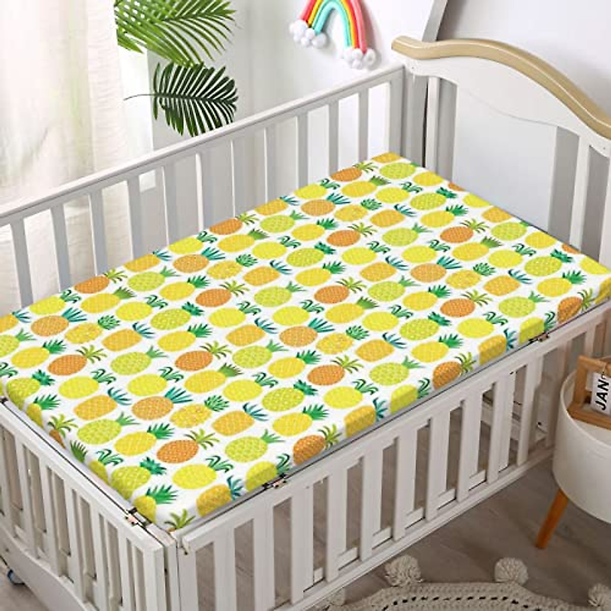 Pineapple Themed Fitted Mini Crib Sheets,Portable Mini Crib Sheets Soft & Stretchy Fitted Crib Sheet-Baby Crib Sheets for Girl or Boy,24“ x38“,Multicolor