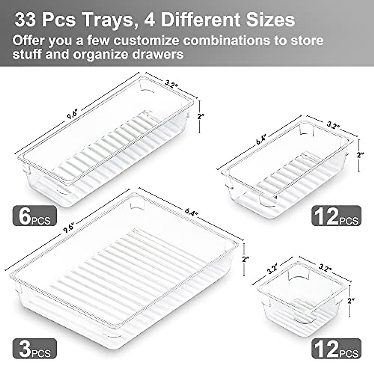 CHEFSTORY 33 PCS Clear Drawer Organizers Set, 4 Sizes Plastic Vanity Desk Drawer Organizers Trays and Storage Bins with Non-slip Silicone Pads for Makeup,Bathroom and Kitchen