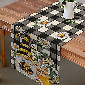 Seliem Spring Bee Gnome Table Runner, Honey Black White Buffalo Plaid Check Home Kitchen Dining Decor, Summer Seasonal Farmhouse Daisy Decorations Indoor Outdoor Anniversary Party Supply 13 x 72 Inch