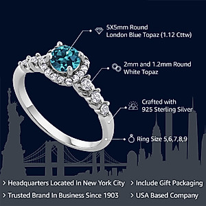 Gem Stone King 925 Sterling Silver Round London Blue Topaz and White Created Sapphire Engagement Ring For Women (1.12 Cttw, Round 5MM, Gemstone Birthstone, Available 5,6,7,8,9) (Size 8)