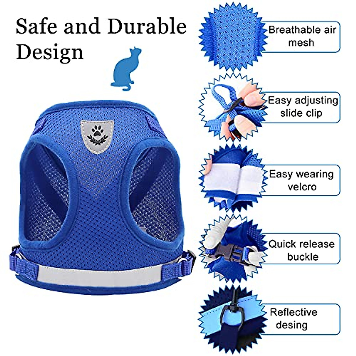 LABOTA Cat Harness and Leash Set for Walking, Escape Proof Soft Adjustable Vest Harnesses with Reflective Strap, Comfort Fit for Pet Kitten Puppy Rabbit, Blue, S(Chest: 11"-13")