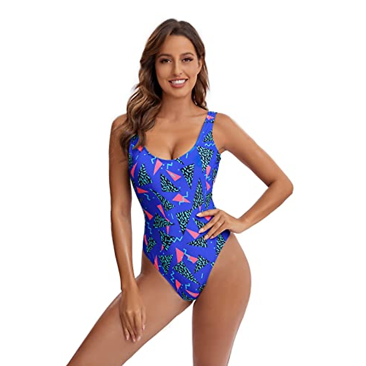 MIAIULIA Women's Retro 80s/90s Inspired High Cut Low Back Padding One Piece Swimwear Bathing Suits 90s Pattern RoyalBlue S