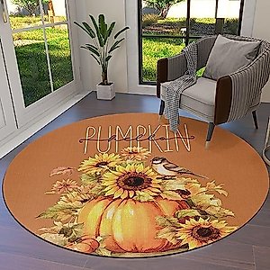 Pumpkin Sunflower Round Area Rug 3.3ft,Washable Outdoor Indoor Carpet Runner Rug for Bedroom,Kitchen,Living Room,Office,Area+Rug Small Bath Door Desk Floor Mat Fall Thanksgiving Harvest Autumn Orange