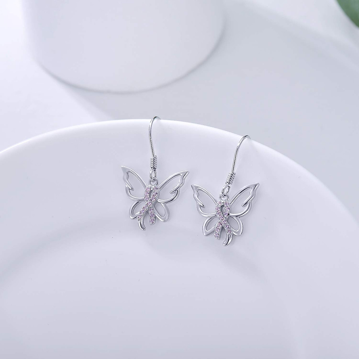 Butterfly Dangle Earrings Sterling Silver Breast Cancer Awareness Earrings Pink Ribbon Earrings Breast Cancer Survivor Gifts for Women
