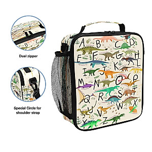 Pfrewn Dinosaur Lunch Box Alphabets With Dinosaurs Lunch Bag Insulated Reusable Cooler Meal Prep Bags Dino Animals Lunch Tote with Shoulder Strap for School Kids Boys Teens Office Adults