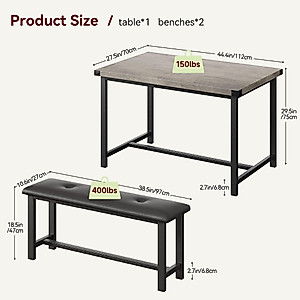 CREMORE Dining Table Set for 4 People, Dining Room Table Set with Upholstered Benches for Kitchen, Small Space, Apartment, Industrial Style, Rustic Grey