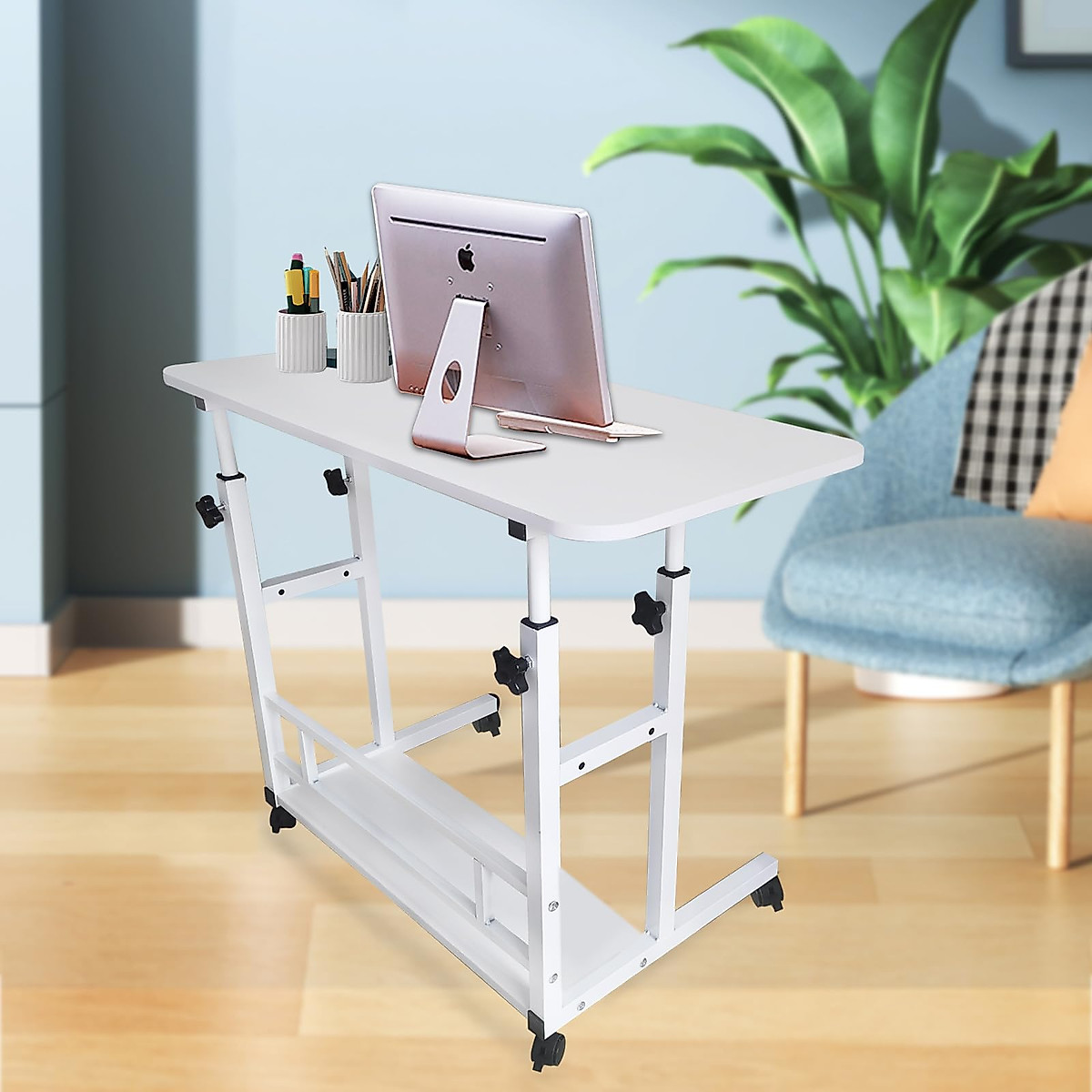 BEFOCL 31.5 Inches Mobile Home Office Desk, Adjustable Height Computer Desk, Double Support Bar Reinforced Design Single Small Desk,Children's Study Table(31.5in, White)