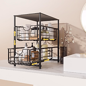 Almaybe Under Sink Organizers and Storage, 2 Tiers Metal Adjustable Height Pull Out Cabinet Organizer, Stackable for Kitchen Bathroom Organizers and Storage (Black)