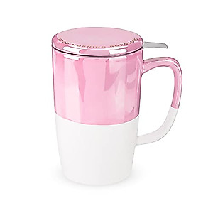 Pinky Up Delia Ceramic Tea Mug and Loose Leaf Tea Infuser, Loose Leaf Tea Accessories, Tea Tumbler Cup, Pink, 18 oz.