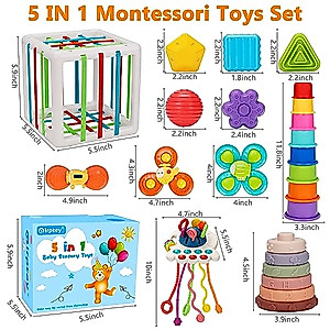 5 in 1 Baby Montessori Toys, Sensory Bin Pull String Teething Toy 0-6 to 12 Month Suction Cup Spinner Infant Travel Bath Toy 6 7 8 18 M+ Soft Stacking Cups Rings Learning Activity Toddler 0-2 Gift Set