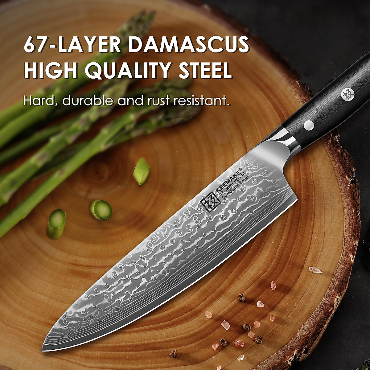 KEEMAKE Chef Knife, 8 Inch Damascus Kitchen Knife, 67 Layers Damascus Steel Knife Japanese VG10 Core, Razor Sharp Chefs Knife with Ergonomic G10 Handle, Cooking Knife for Meat Vegetable