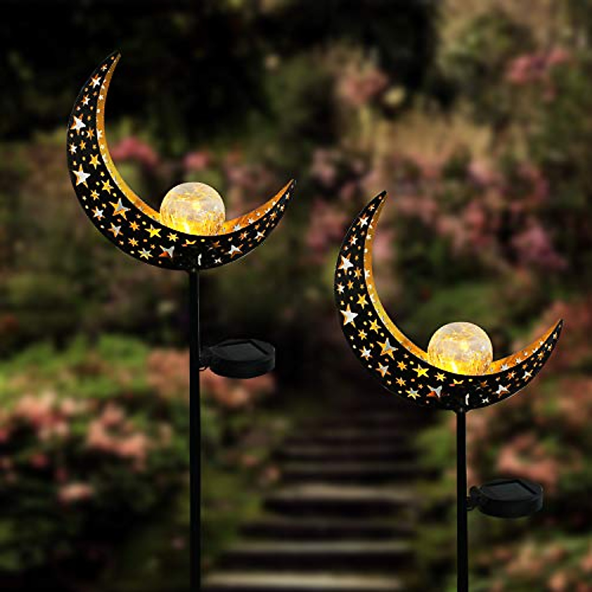 X-PREK 2 Pack Solar Garden Light Outdoor Decorative,Moon Crackle Glass Globe Metal Stake Lights,Waterproof LED Pathway Light for Lawn Patio Yard Decor