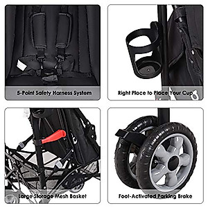 BABY JOY Lightweight Stroller, Compact Travel Stroller, Infant Stroller w/Adjustable Backrest & Canopy, Cup Holder, Storage Basket, 5-Point Harness, Easy Fold, Umbrella Stroller for Toddler, Black