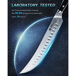 KYOKU 10" Scimitar Knife, Gin Series Cimitar Breaking Knife with Silver PVD Coating Damascus Blade, Japanese VG10 Stainless Steel Butcher Knife, Full Tang Brisket Kitchen Knife with Sheath & Case