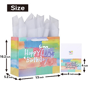 13" Large Colorful Gift Bag Set with Greeting Card and Tissue Papers (Laser Foil 'Happy Birthday’) for Women's or Men's Birthday Party, Boys', Girls', or Kids' Parties, Baby Shower - 13”x5.2”x10.2”, 1 Pcs.