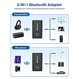 BlitzMax Bluetooth 5.2 Transmitter Receiver, 2-in-1 Bluetooth Adapter Mini Portable with 3.5mm Jack, aptx-Adaptive, Dual Link Bluetooth Audio Adapter for PC/TV/Car Sound System/Wired Speaker