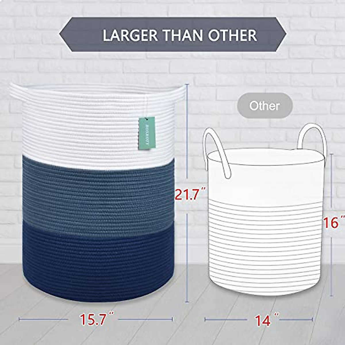 BOSROTY Extra Large Blanket Basket, Tall Laundry Basket, Laundry Hamper, Large Storage Basket, 15.7”x 21.7”,Cotton Rope Basket, Woven Basket, Toy Basket, Clothes Baskets, White&Cadet Blue&Navy Blue