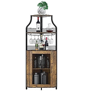 GAOMON Corner Wine Bar Rack Cabinet with Detachable Wine Rack, Bar Cabinet with Glass Holder, Small Sideboard and Buffet Cabinet with Mesh Door (Rustic Brown)