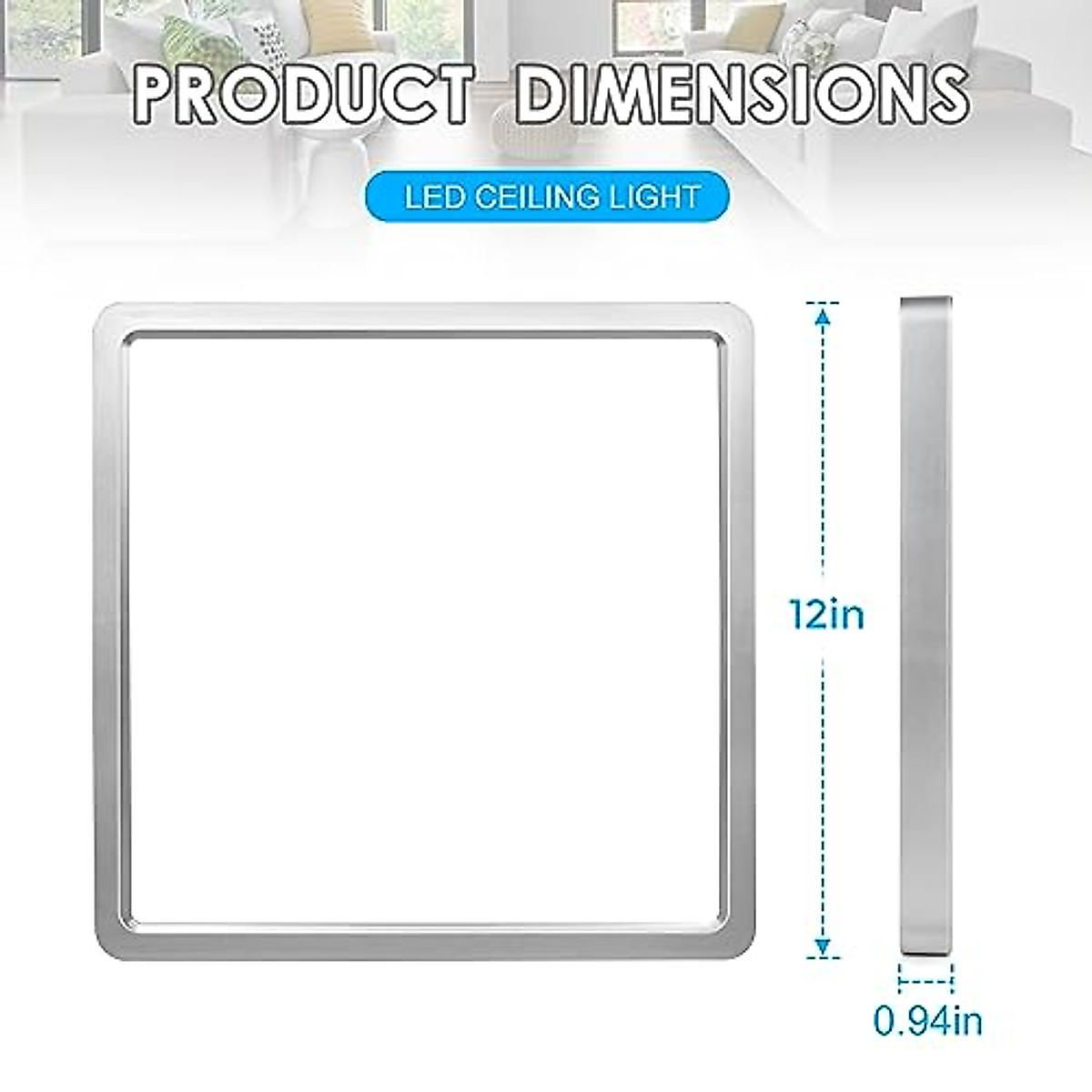 12inch 24W LED Flush Mount Ceiling Light, 5000K Daylight White LED Ceiling Light, 3200LM Flat Square LED Ceiling Lamp for Bedroom, Kitchen, Living Room, Silver