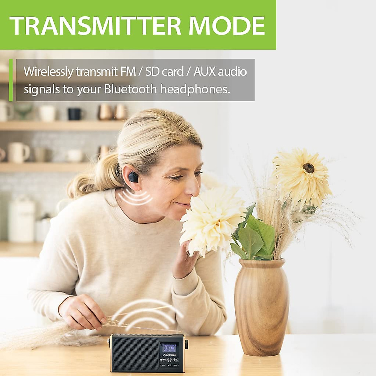 Streaming Radio to Bluetooth Earbuds or Home Stereo System, FM Radio, Bluetooth Transmitter, Bluetooth Speaker, SD Card MP3 Player 4-in-1 Device with Rechargeable Battery - Avantree Soundbyte T