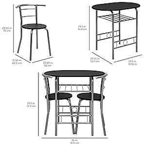 Best Choice Products 3-Piece Wooden Round Table & Chair Set for Kitchen, Dining Room, Compact Space w/Steel Frame, Built-in Wine Rack - Black/Silver