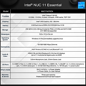 Intel NUC 11 Mini PC with Quad-Core Celeron N5105, Versatile Mini Computers 8GB DDR4 RAM & 256GB SSD - Support HDMI Dual 4K UHD/Bluetooth v5.2/Windows 11 Pro preinstalled（NUC11ATKC4）