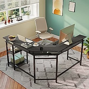 Rolanstar L Shaped Gaming Desk with Drawer, 55.1" Reversible Computer Desk with Power Outlets & LED Lights, Home Office Desk with Monitor Stand, Corner Desk with Hooks Cabon Fiber