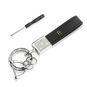Leather Keychain Bling Keychain for Women Anti-Lost D-Ring Car Keychain Fashion Rhinestone Purse Charms for Handbags (Black)