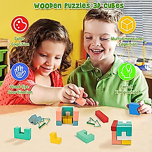 Wooden Blocks Puzzle Brain Teasers Toy Tangram Jigsaw for Kids 3D Russian Blocks Montessori STEM Educational Toy Pattern Blocks Gift for 3 4 5 6 7 Year Old Boys Girls