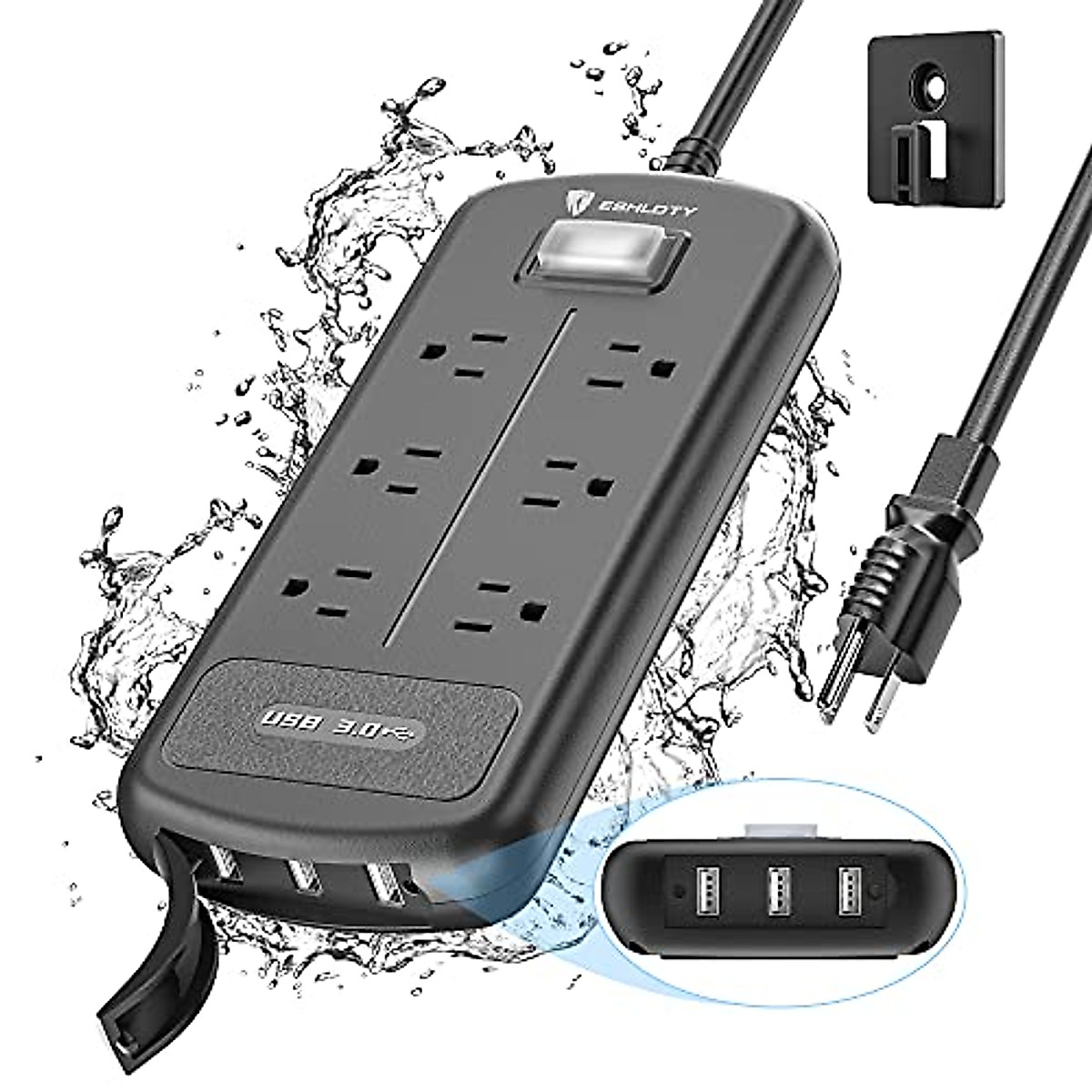 ESHLDTY USB Outdoor Power Strip, 6 FT Waterproof Extension Cord with 6 Outlets and 3 USB Ports, Wall Mountable for Outdoor and Indoor B3-1-6FT-BLK Black 9.06" L x 4.72" W x 1.38" H