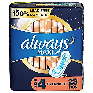 Always Maxi Feminine Pads For Women, Size 4 Overnight Absorbency, Without Wings, Unscented, 28 Count