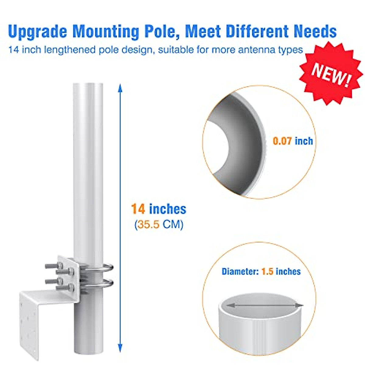 Antenna Pole Mount, Universal Antenna Installation Bracket Kit for Home Outdoor, Upgraded 14'' Inch Mounting Pole for Cell Phone Signal Booster/Antenna, Easy Installation with Double U-Bolts