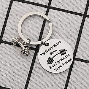 BEKECH Fitness Keychain Gym Keychain My Head Says Gym But My Heart Says Tacos Fitness Jewelry Fitness Lover Workout Gift Bodybuilding Gift (silver)