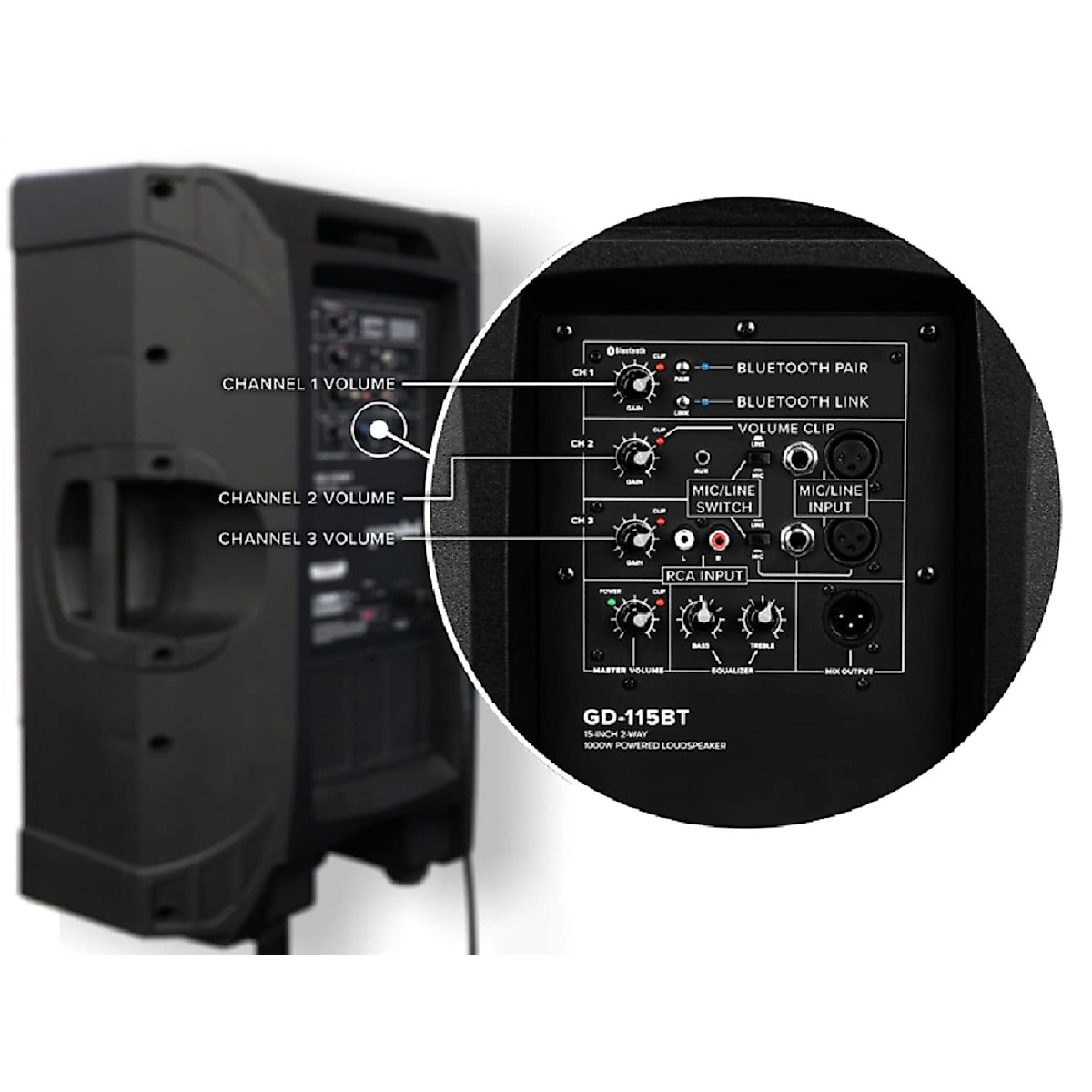 Gemini Sound GD-115BT 1000W Professional PA Loudspeaker with Bluetooth and Built-in 3 Channel Mixer