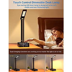 LED Desk Lamp with 15W Wireless Charger, 2 USB Charging Ports, 2 Outlets, 3 Brightness Levels, Alarm Clock, Dimmable Eye Caring Reading Desk Light for Home Office dorm, Touch Control Table Lamp, Black