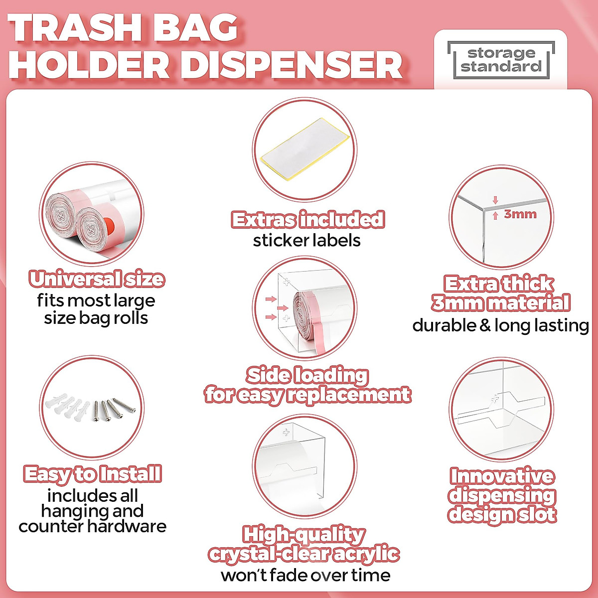 Storage Standard Trash Bag Holder Dispenser - Acrylic Trash Bag Dispenser Roll Holder, Garbage Bag Holder for Cabinet, Garbage Bag Dispenser Under Sink - Trash Bag Organizer for Home or Shops - Large