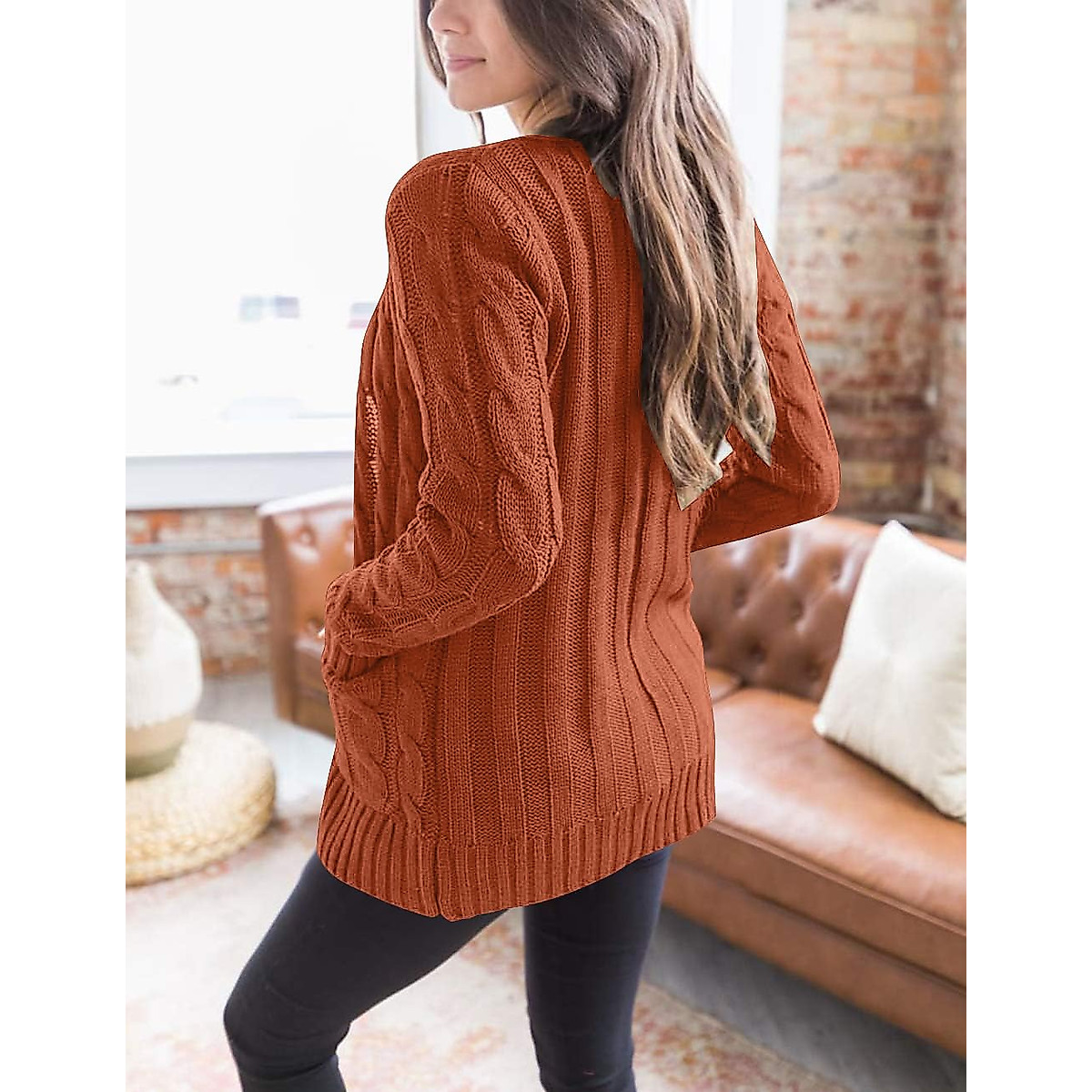 MEROKEETY Women's 2025 Fall Long Sleeve Cable Knit Sweater Open Front Cardigan Button Loose Outerwear Rust