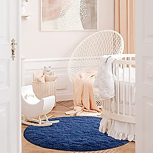 Goideal Soft Round Shaggy Rug, 4 x 4 Feet Light Navy Fluffy Circle Rug for Boys Girls, Fuzzy Cute Bedroom Rug, Circle Plush Floor Carpet for Nursery Room Decor