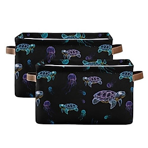 Cute Turtles Jelly Fish Storage Basket Bins Collapsible Toy Storage Bins with Handles Laundry Baskets for Living Room Clothes Nursery Closet Shelf Playroom,2 pcs